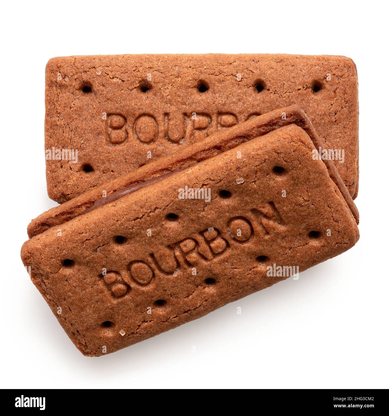Two Bourbon chocolate cream biscuits isolated on white. Top view Stock ...