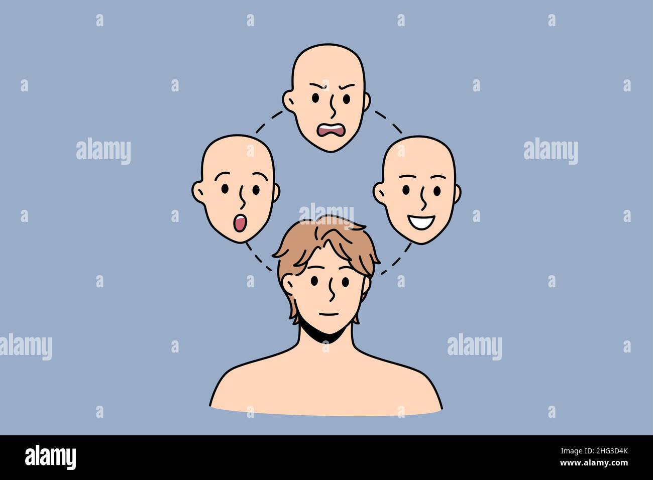 Face expression and moods concept. Young man choosing between surprised ...