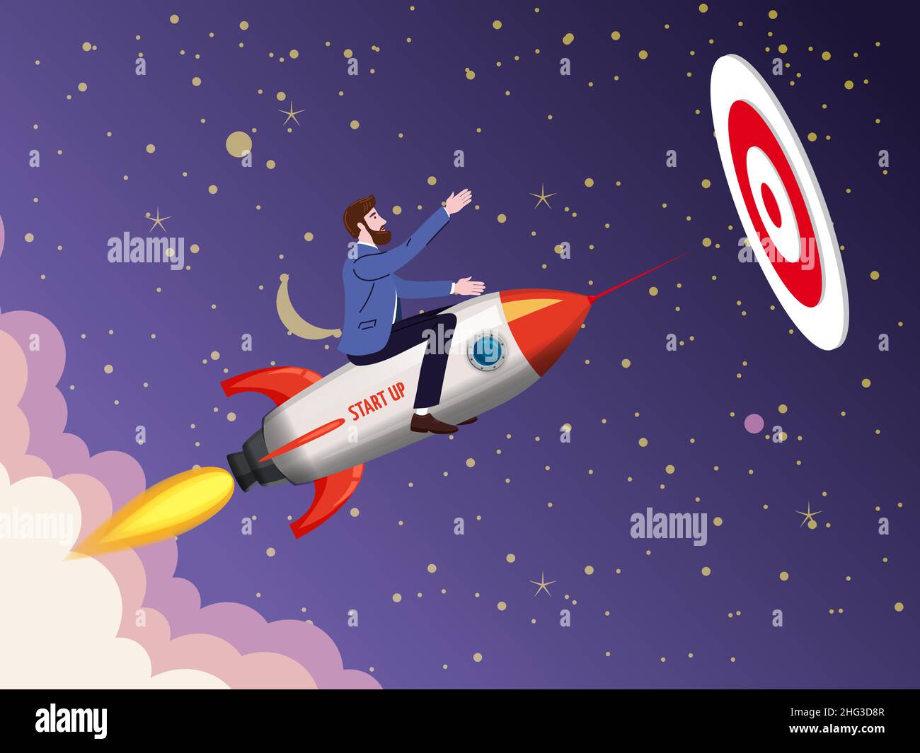 Businessman on a rocket fly through sky to target. Start up, goal ...