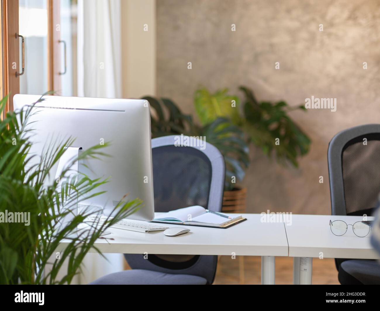 Modern office workstation interior design with desktop computer and ...