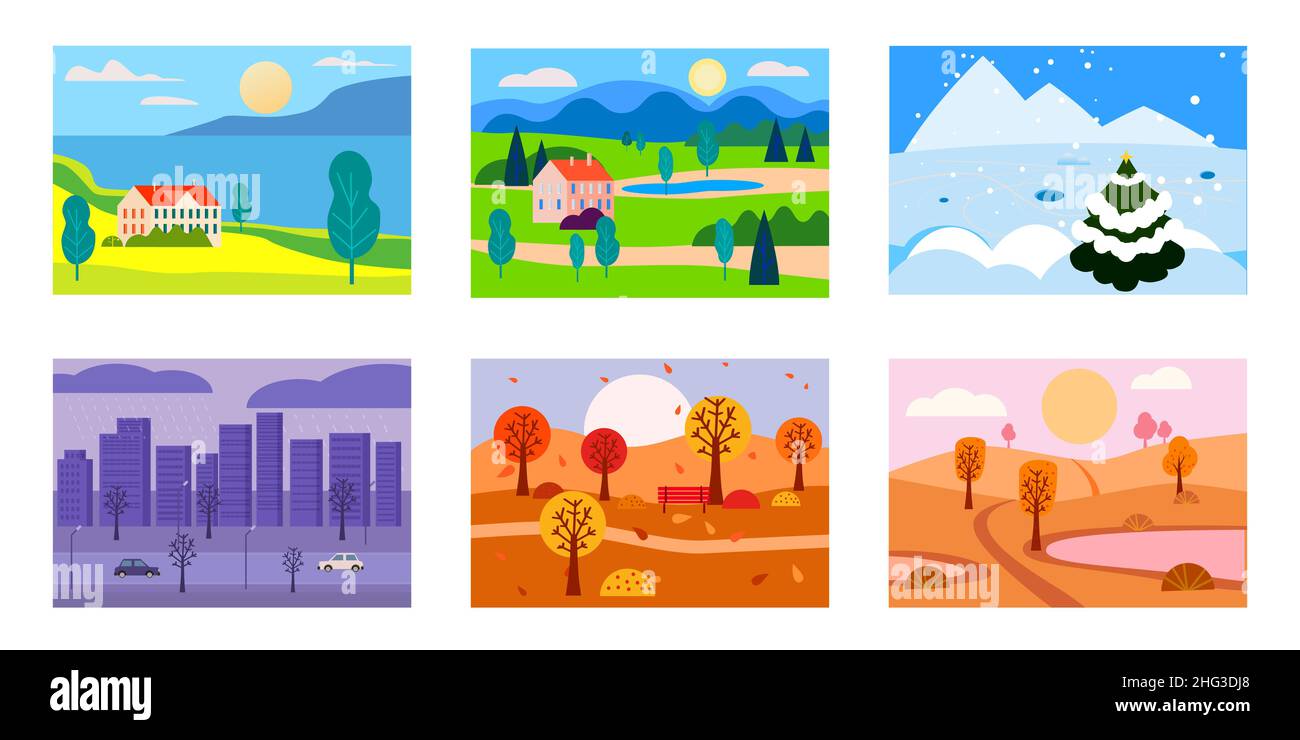 Collection of seasons landscapes winter, spring, summer, autumn. Rural ...