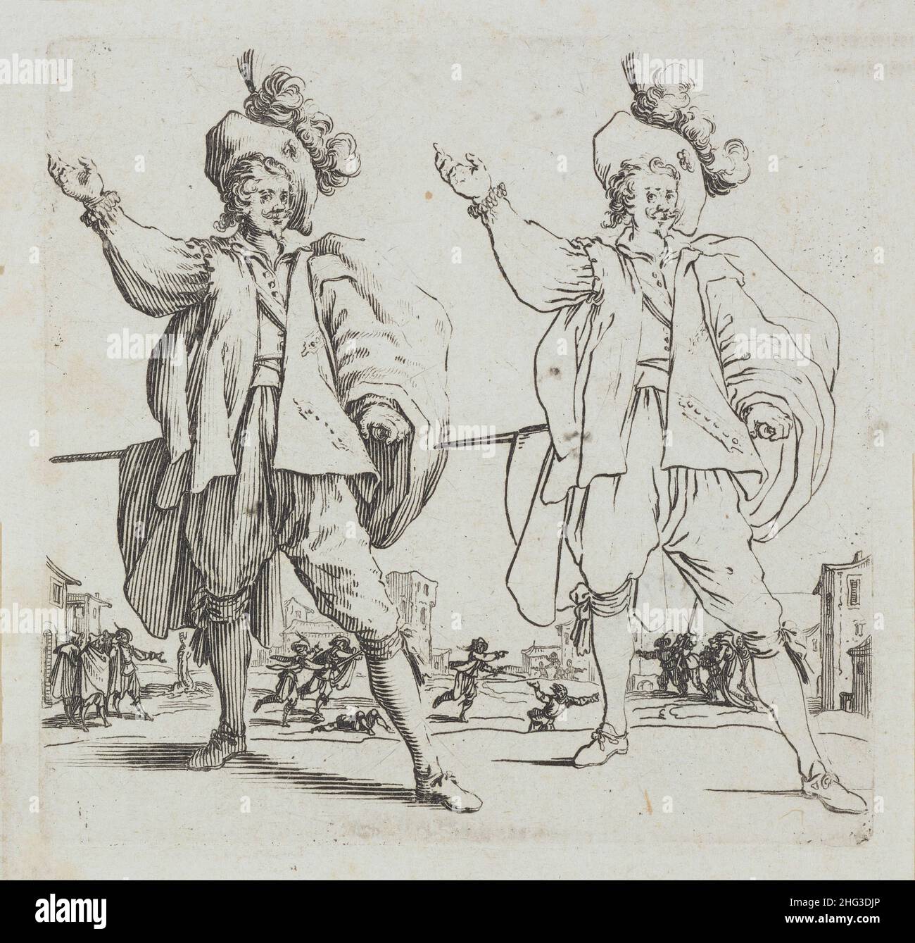 Etching of the officer holding his horizontal sword. 1617, by Jacques ...