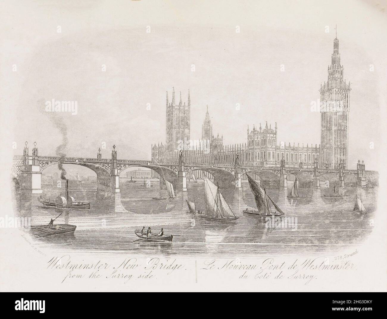 Engraving of Westminster Bridge in London, seen from Surrey. 1862 Stock ...