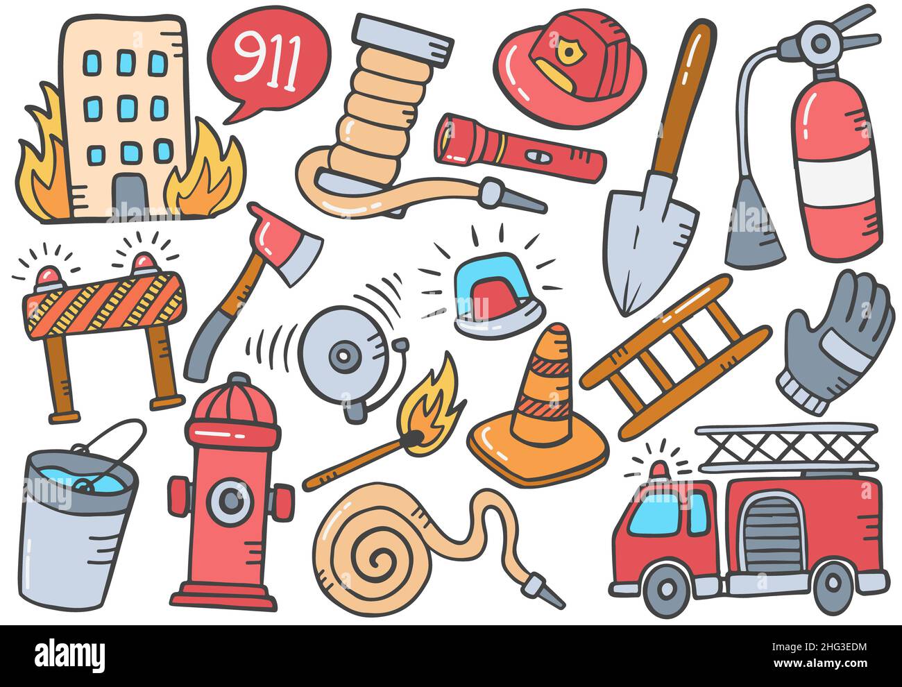 firefighter doodle hand drawn set collections with flat outline style ...