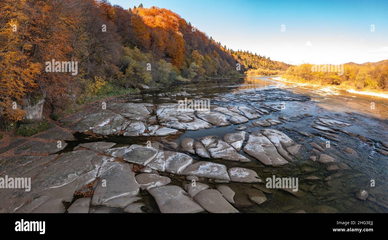 Shallow mountain river with rocky bottom and coniferous terracotta ...