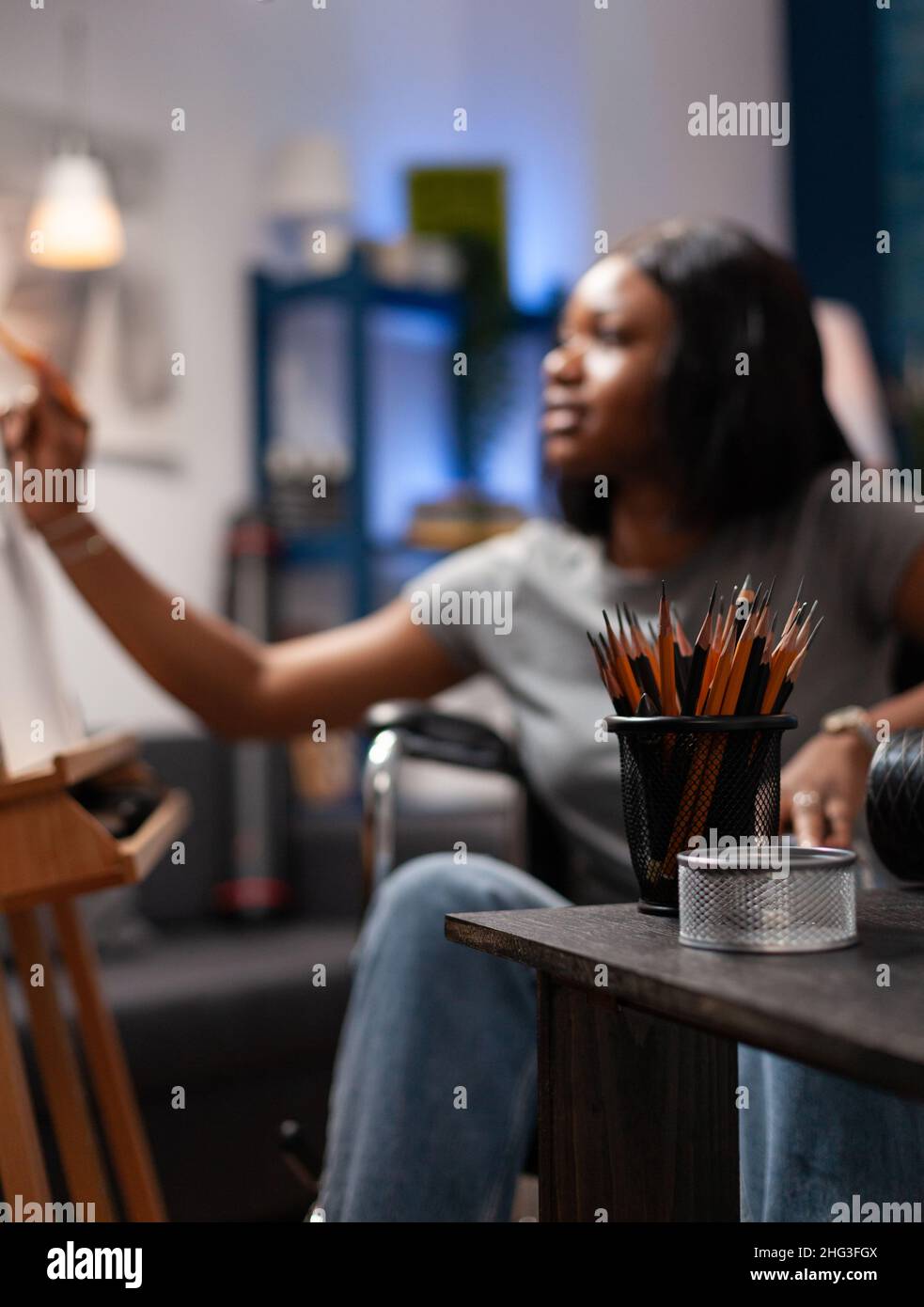 Selective focus on professional support with sketching pencils standing ...