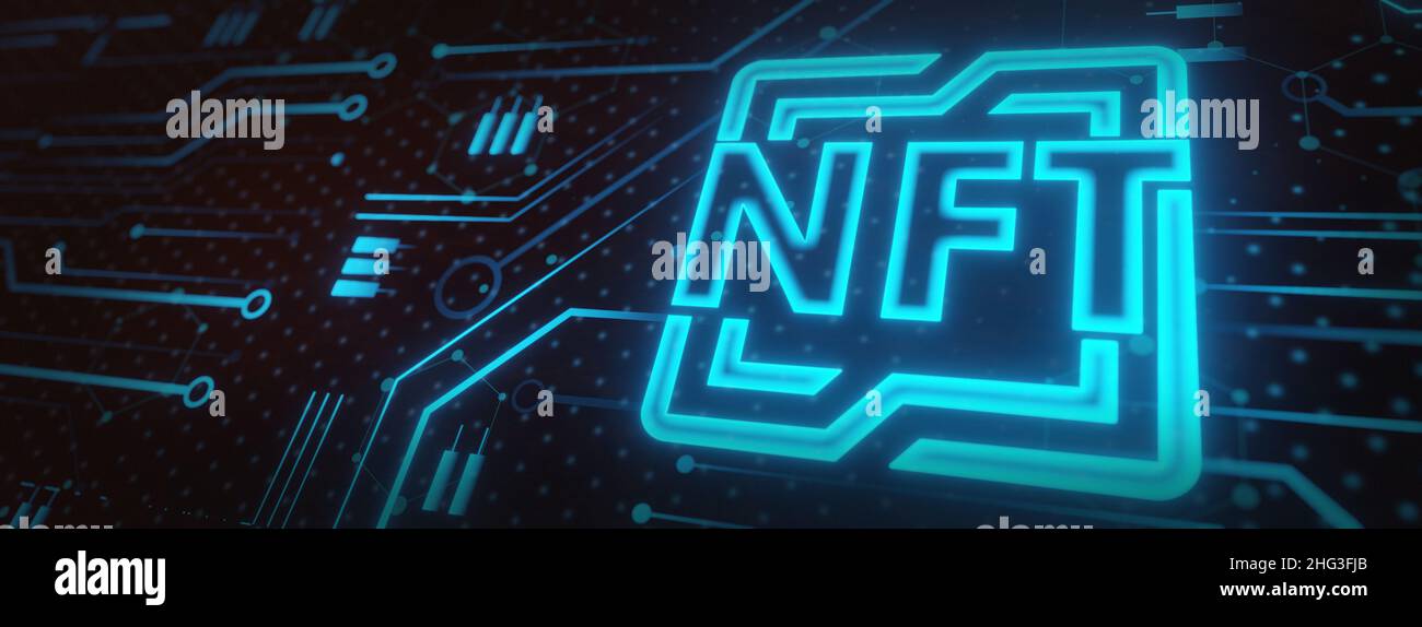 concept of NFT non-fungible tokens text in the center of neon line pcb ...