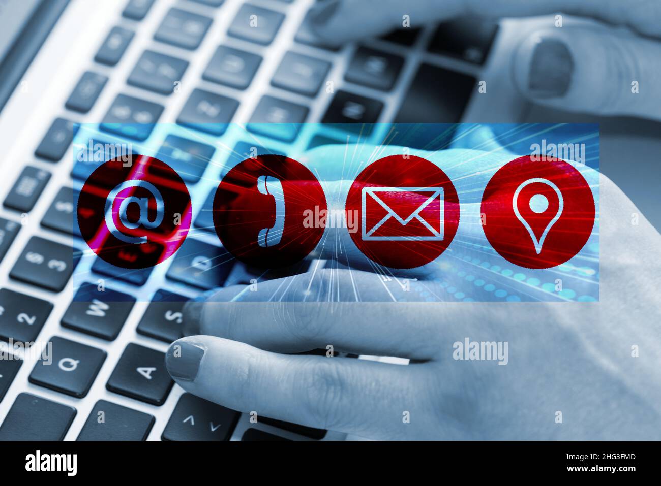 A computer and icons for contact Stock Photo - Alamy