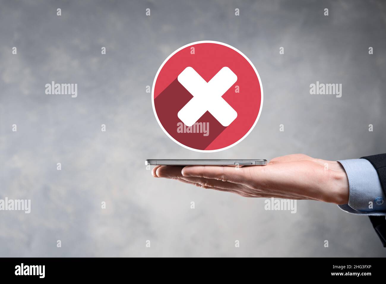 Hand holds icon,cancellation symbol,cancel icon.Cross mark flat red ...