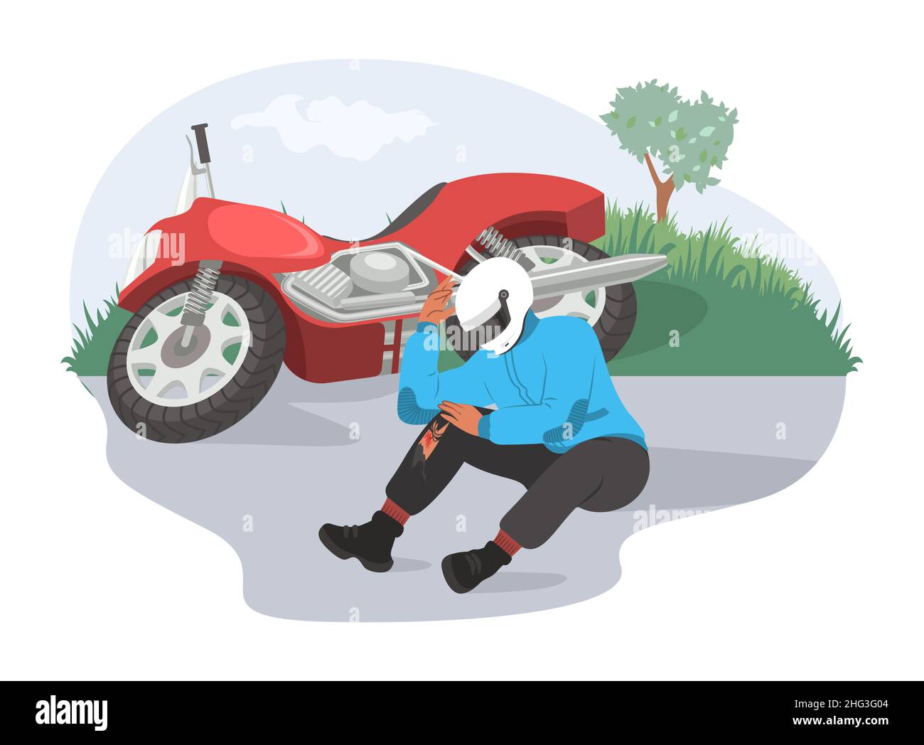 Motorcycle accident, flat vector illustration. Injured motorcyclist ...