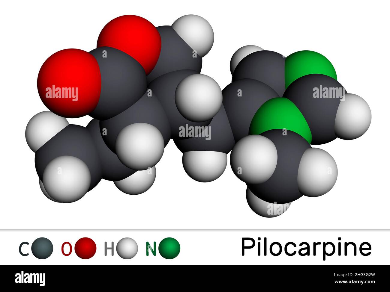 Pilocarpine, molecule. It is natural alkaloid, used on the eye to treat ...