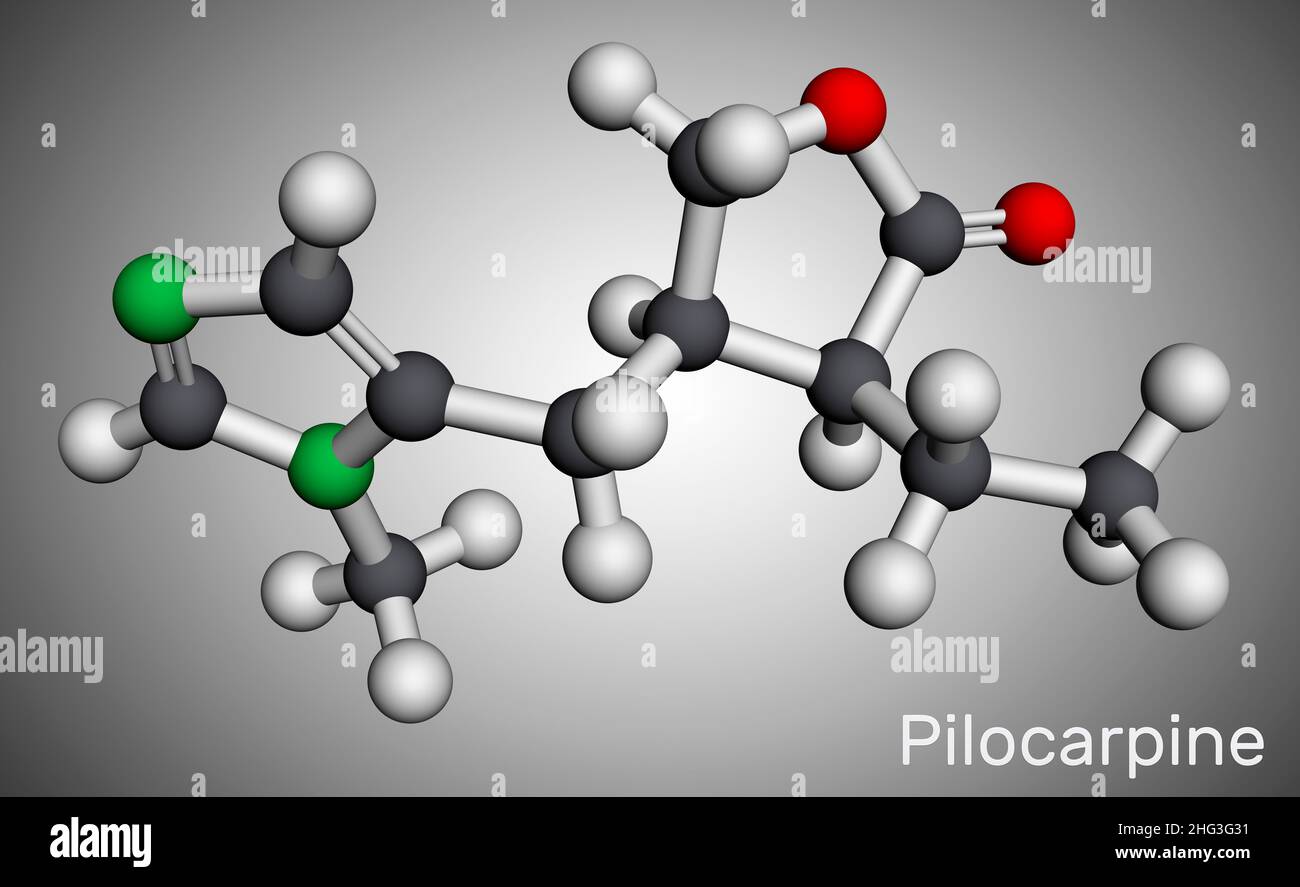 Pilocarpine, molecule. It is natural alkaloid, used on the eye to treat ...