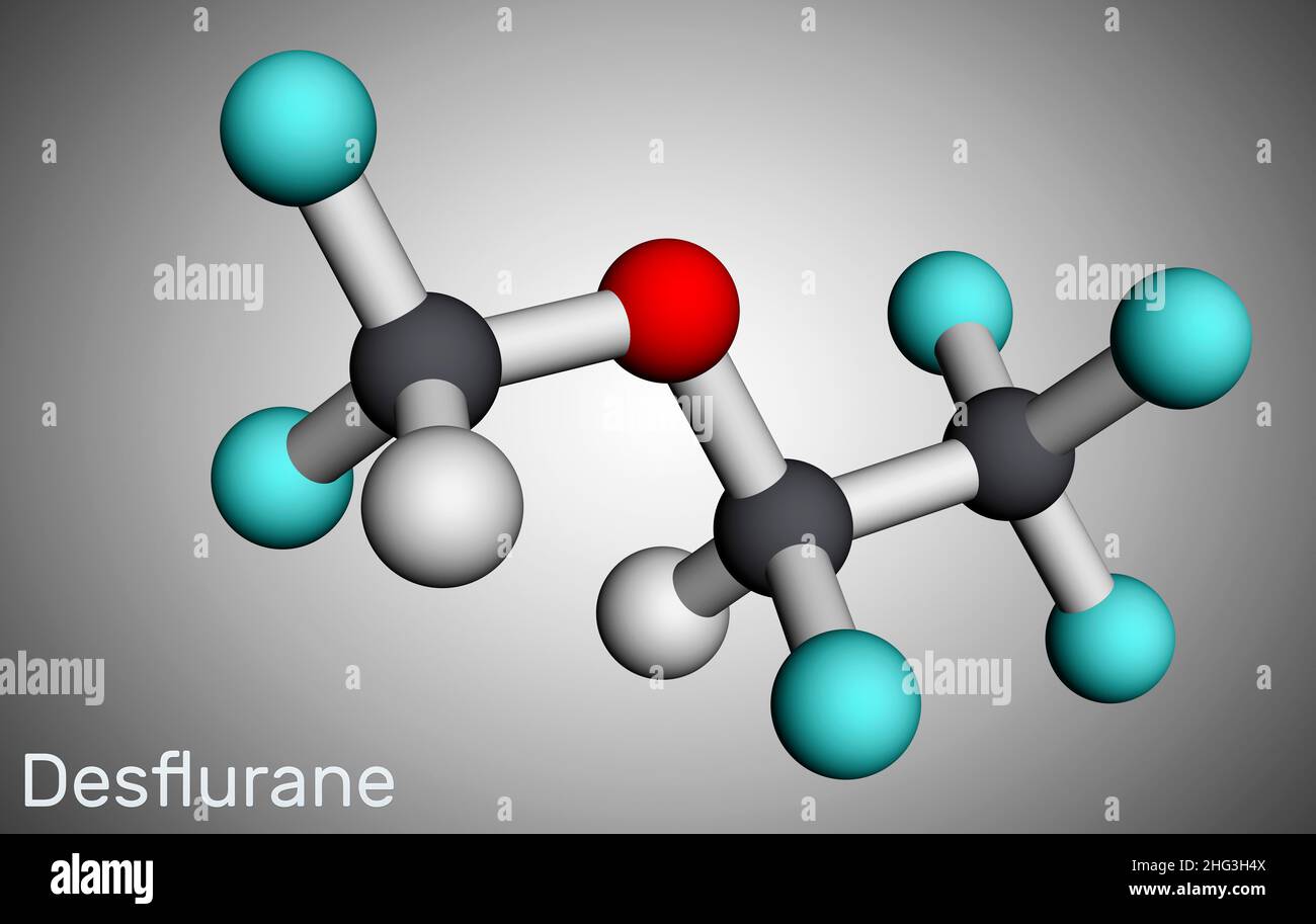 Desflurane molecule. It is organofluorine compound, inhalation ...