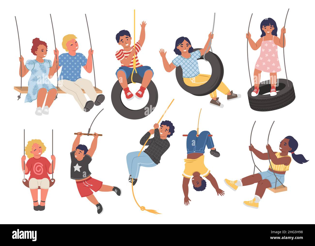 Children swinging on swings, vector isolated illustration. Happy kids ...