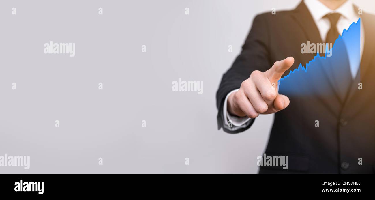 Businessman holding graph growth and increase of chart positive ...