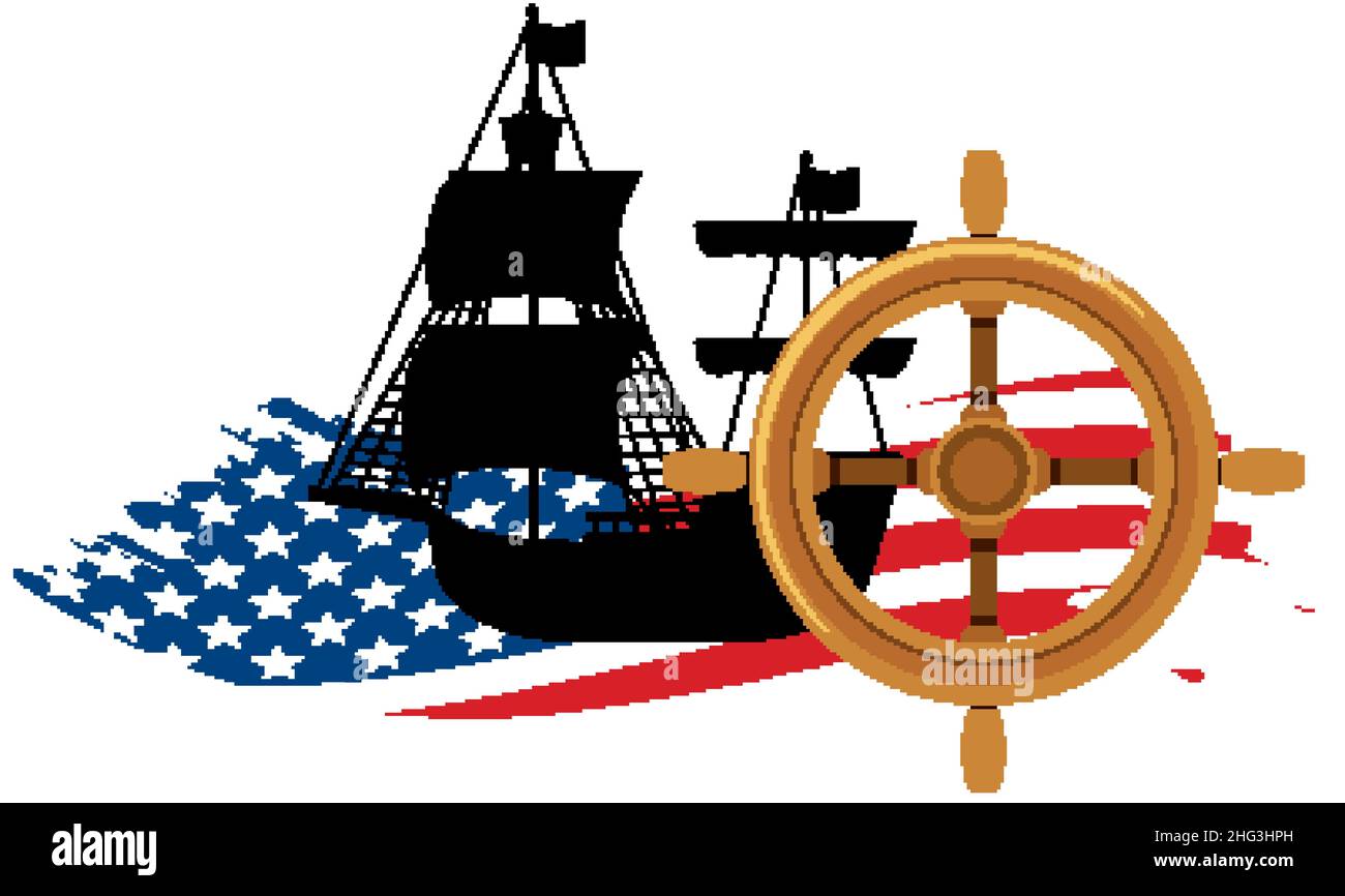 Christopher columbus ship silhouette with flag of United States ...