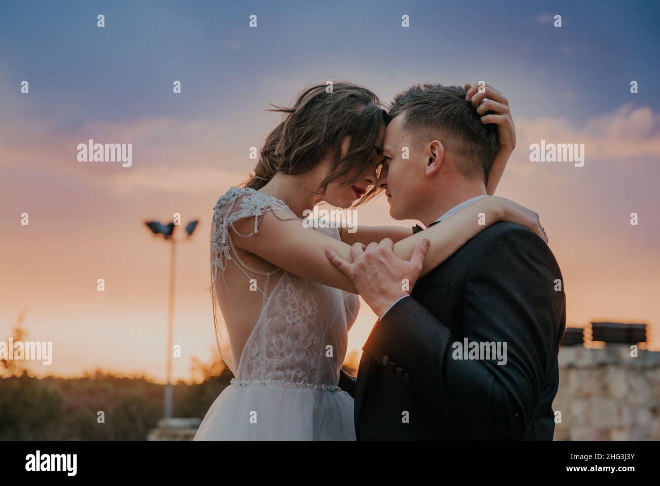 Bride and Groom close-up sensually lean their faces against each other in the sunlight. The ...