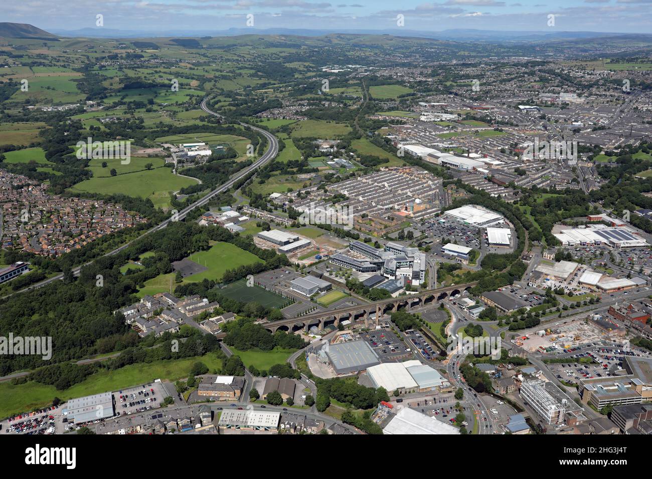 aerial view of Burnley looking North North East across the town towards ...