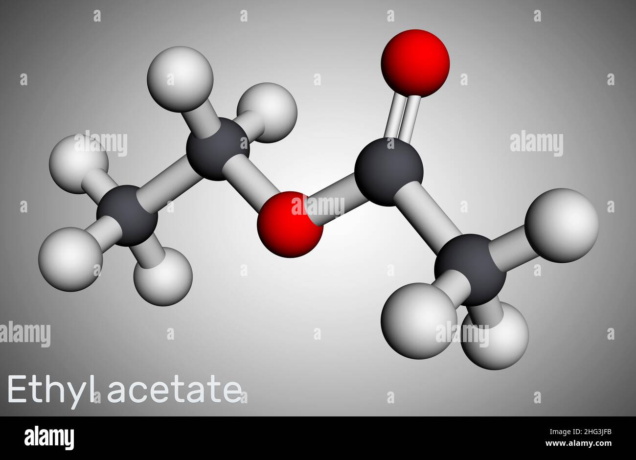 Ethyl acetate, ethyl ethanoate molecule. It is acetate ester, polar aprotic solvent, additional ...