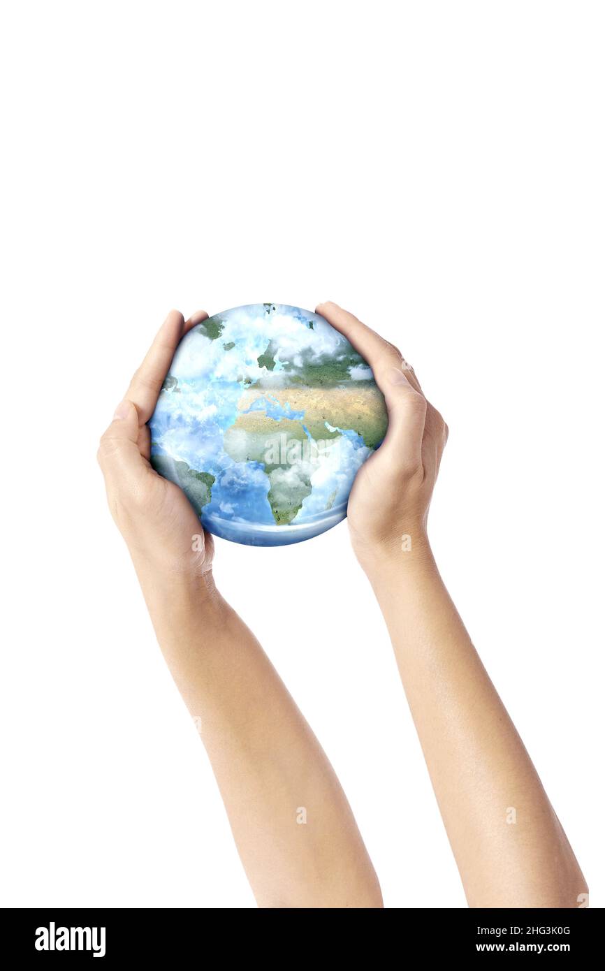 Hand holding earth isolated over white background Stock Photo - Alamy