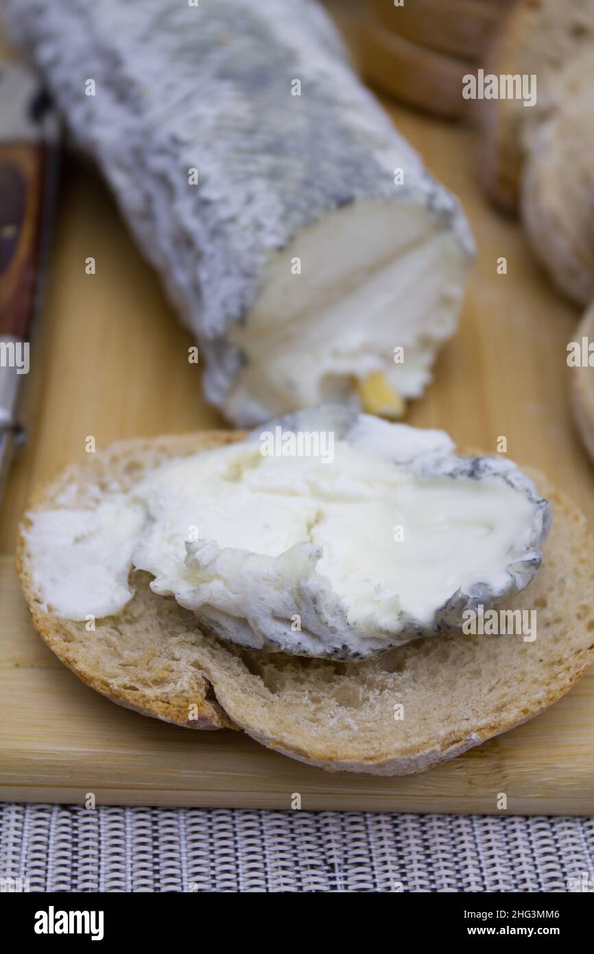 ash goat cheese log with bread on a wooden board Stock Photo - Alamy