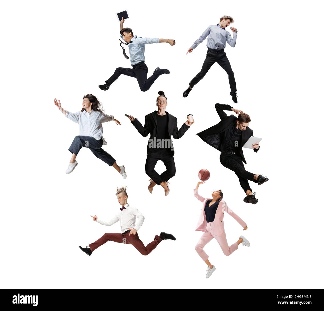 Male and female office workers jumping and dancing in casual and ...
