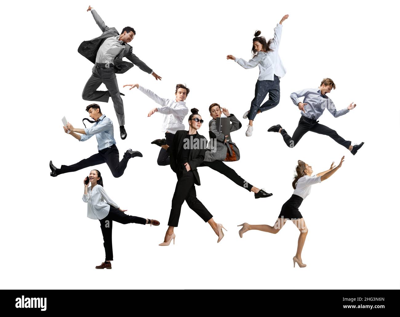 Male and female office workers jumping and dancing in casual and ...