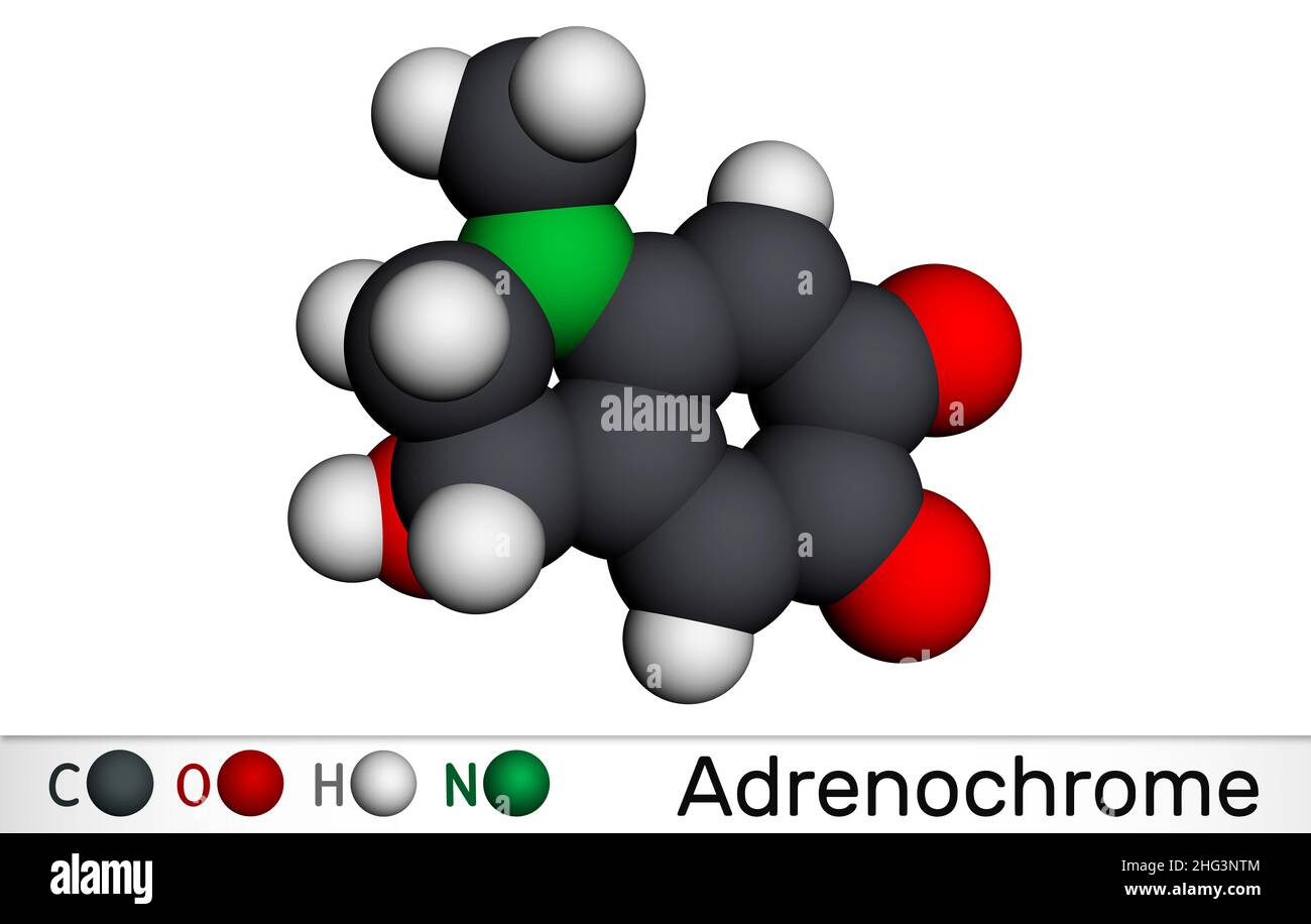 Adrenochrome, adraxone molecule. It is produced by the oxidation of ...