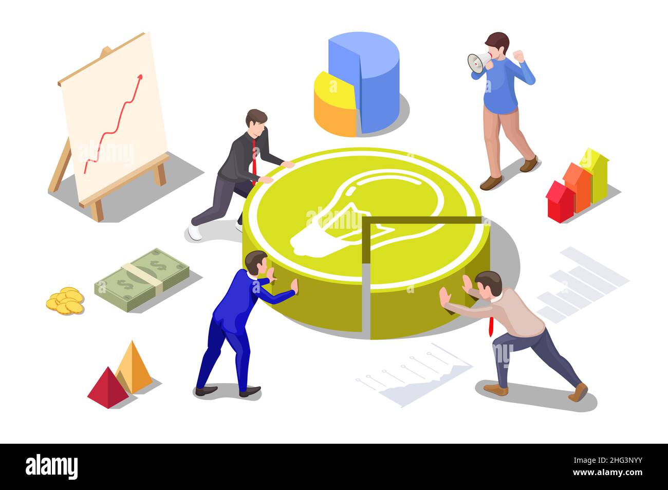 Business team making light bulb pie chart together, vector isometric ...