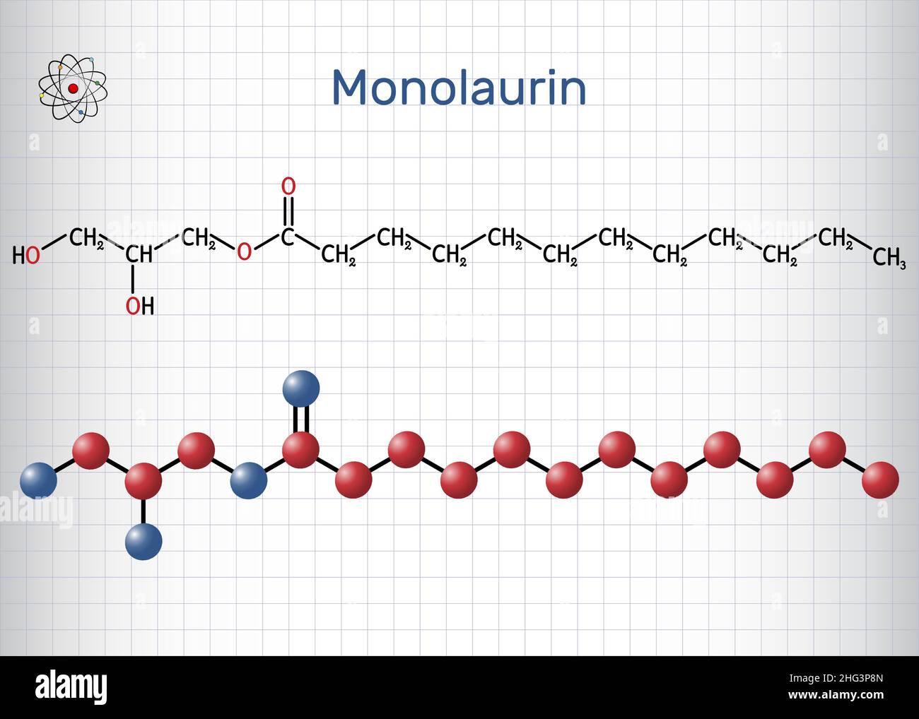 Monolaurin, glycerol monolaurate, glyceryl laurate molecule. It is ...