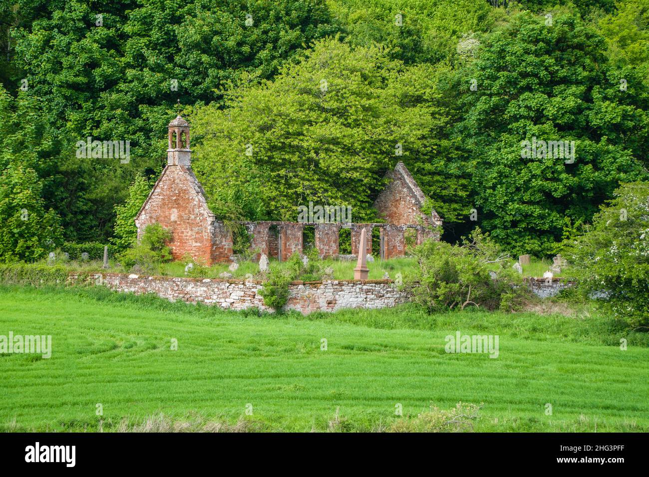 Red sandstone ruins of Lethendy parish church, it was founded in 1600 ...