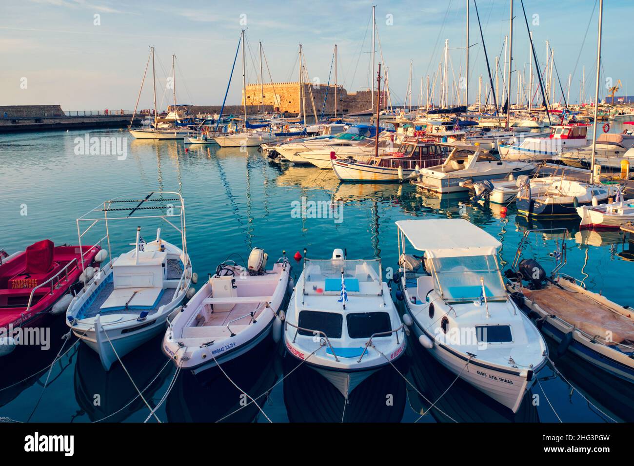 Venetian Fort in Heraklion and moored fishing boats, Crete Island ...