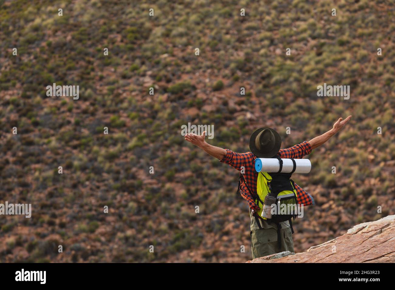 Rear view of young male caucasian adventurer standing with arms ...