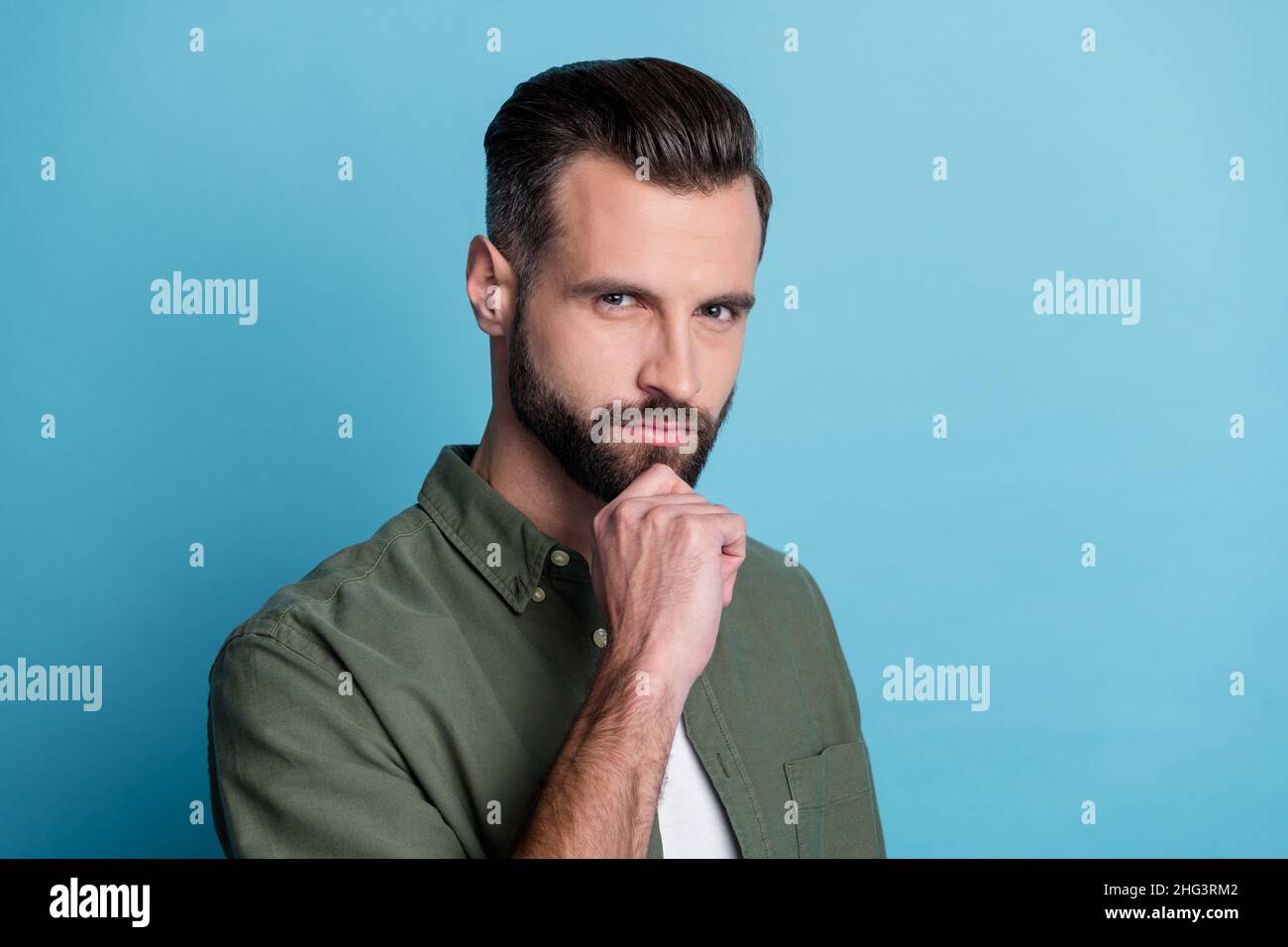 Photo of confident intelligent handsome guy finger chin think wear ...