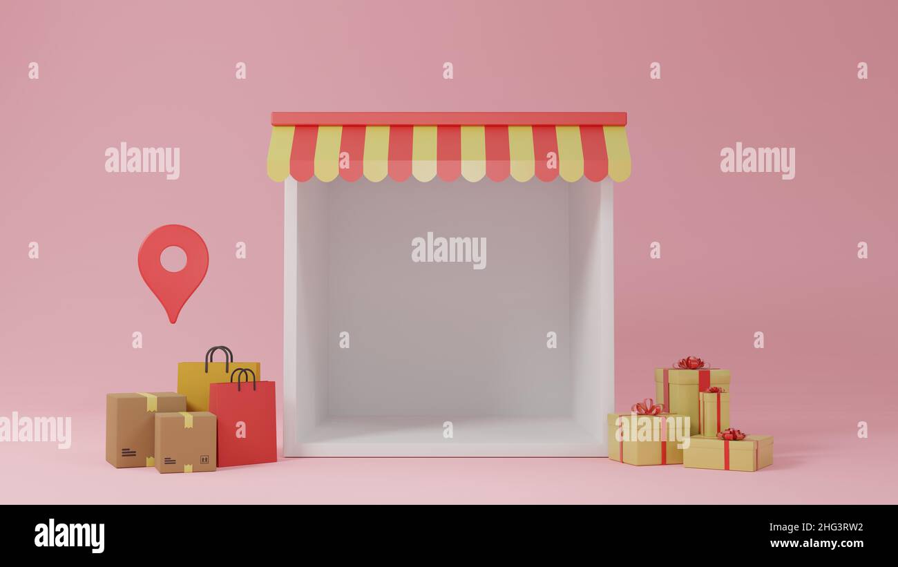 Empty mock up display kiosk shopping store front box with striped ...