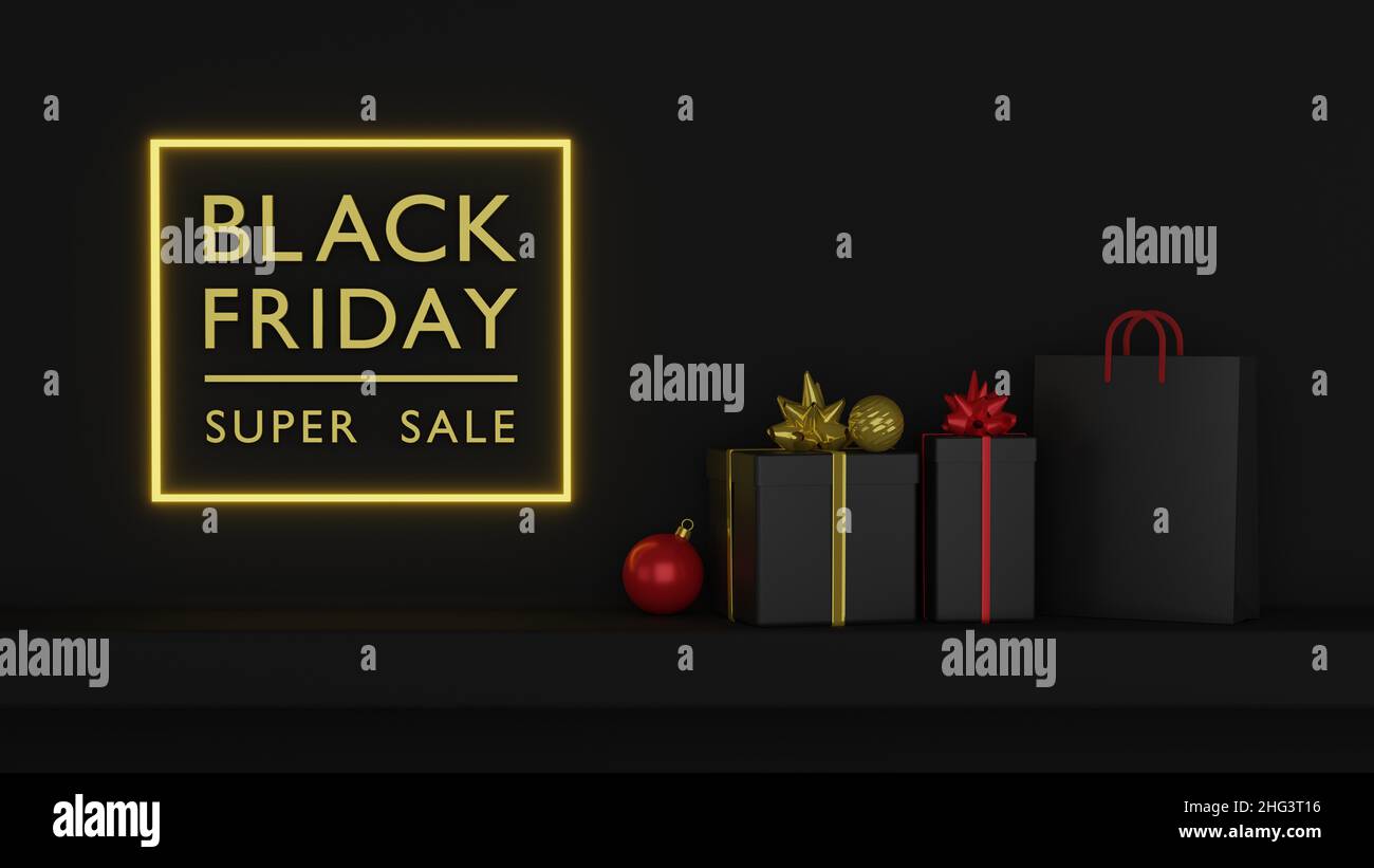 Black Friday super sale realistic black gift box and shopping bag on ...