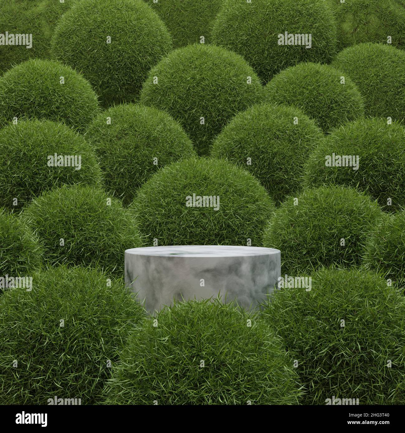 Mockup marble pedestal showcase podium stage with natural fresh green ...