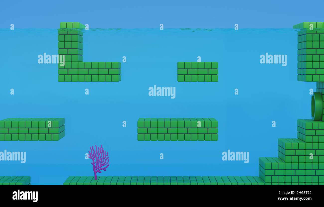 Old arcade video game swimming underwater scene background 3D rendering ...