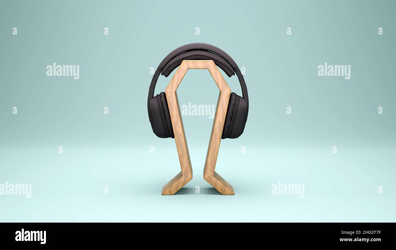 Headphone wooden display stand hanger holder headset earphone 3D render ...