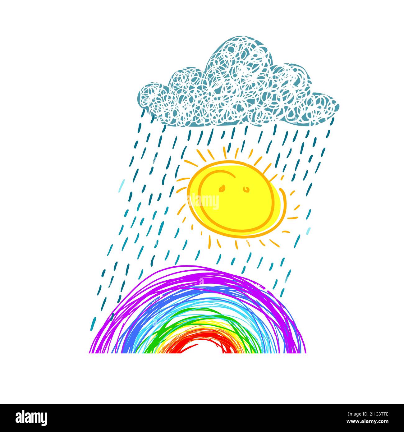 Sun, Rainbow, and clouds childish cute drawing. Weather Vector ...