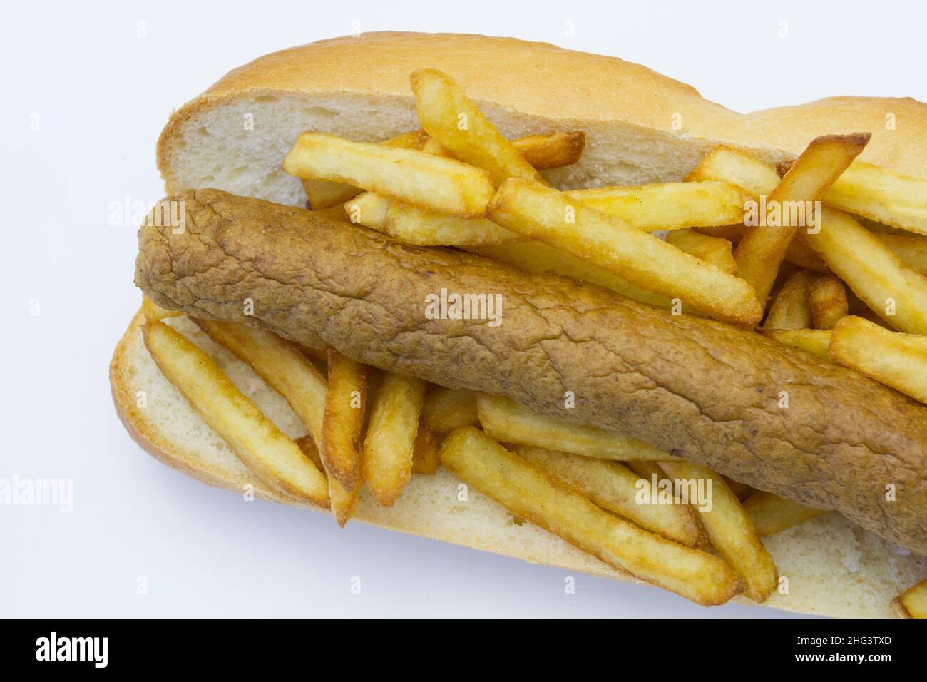 fricadelle sandwich with french fries on white background Stock Photo ...