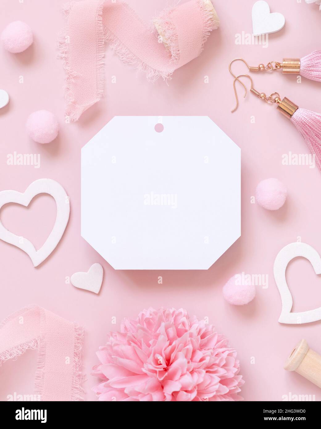 Blank paper gift tag, hearts, flowers, silk ribbons and tassel earrings ...