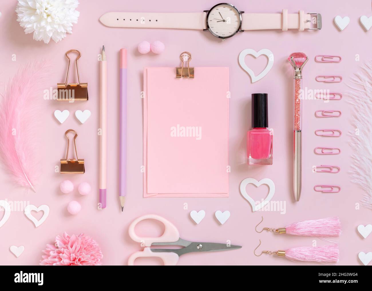 Pink paper card with clip, school girlish accessories and hearts on ...