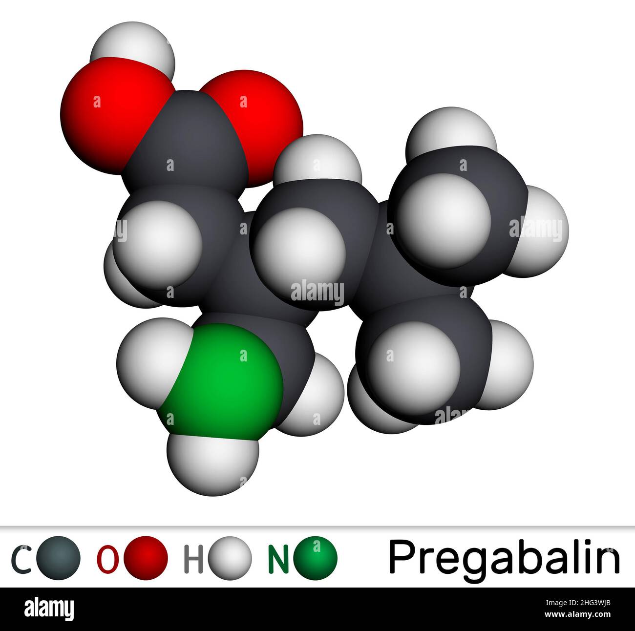 Pregabalin molecule. It is anticonvulsant, anxiolytic drug used to ...