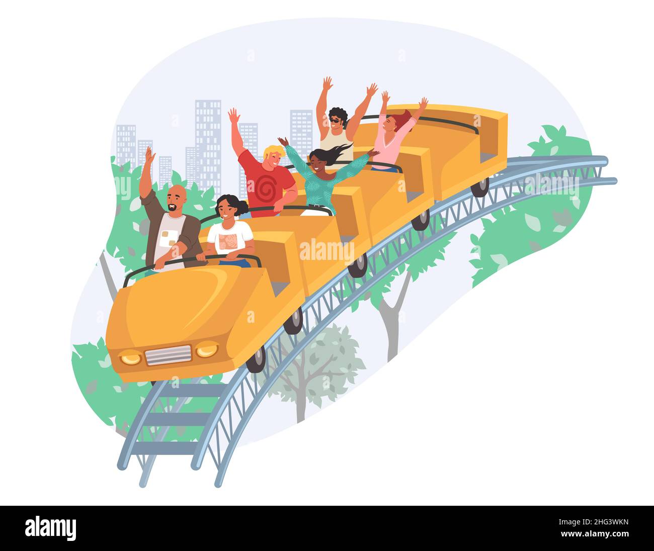 People riding roller coaster, vector illustration. Fairground amusement ...