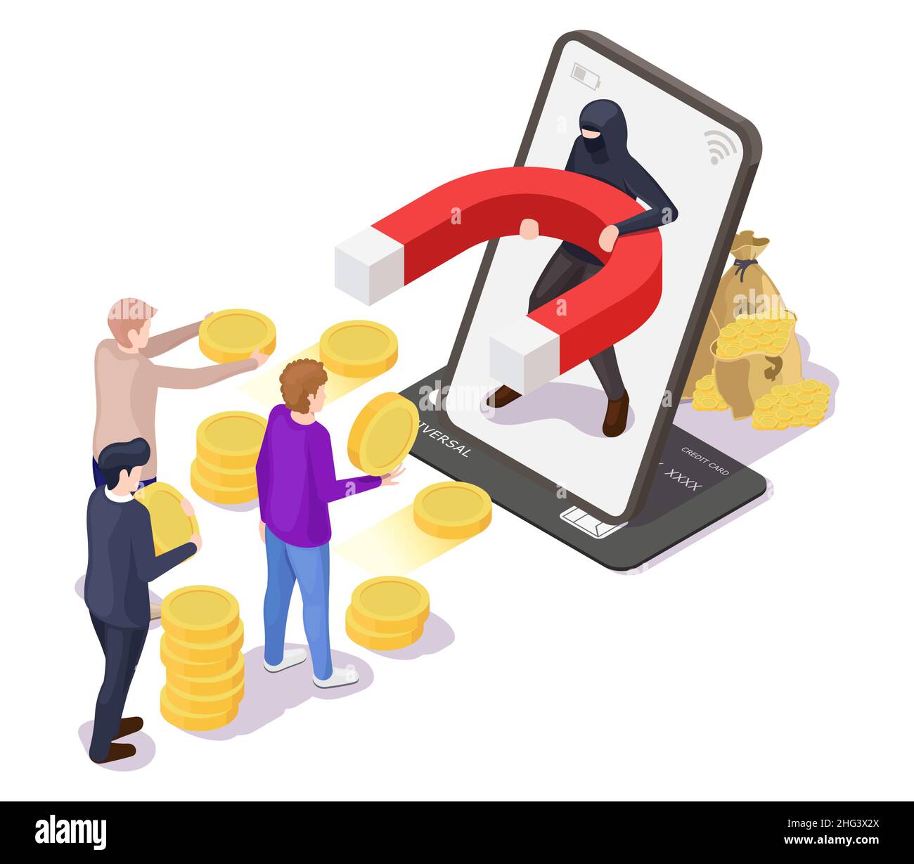People giving money to thief with magnet from mobile, vector ...