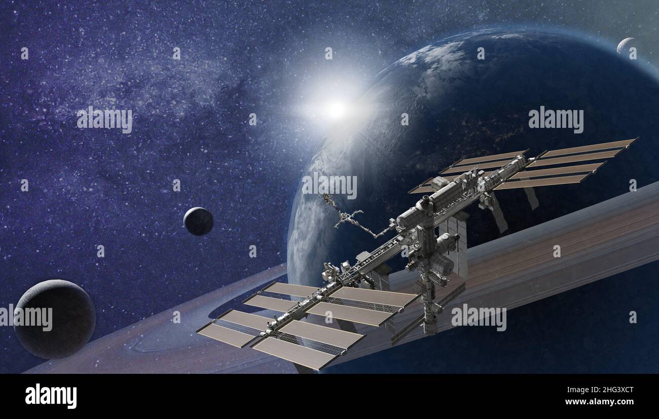 International Space Station orbiting an imaginary planet. Elements of ...