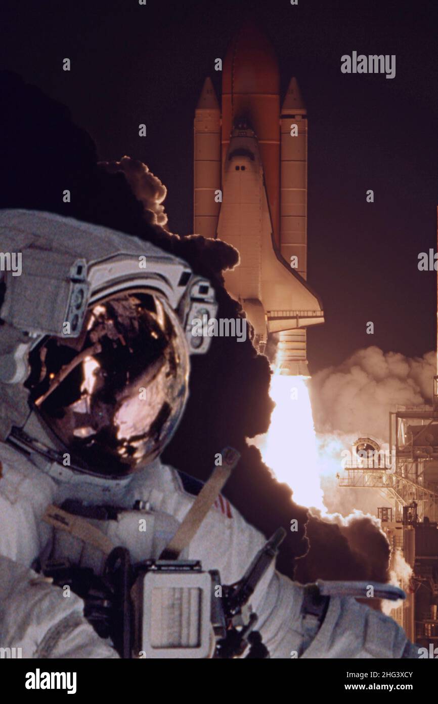 The astronaut in a space suit, in an outer space, is engaged in repair ...