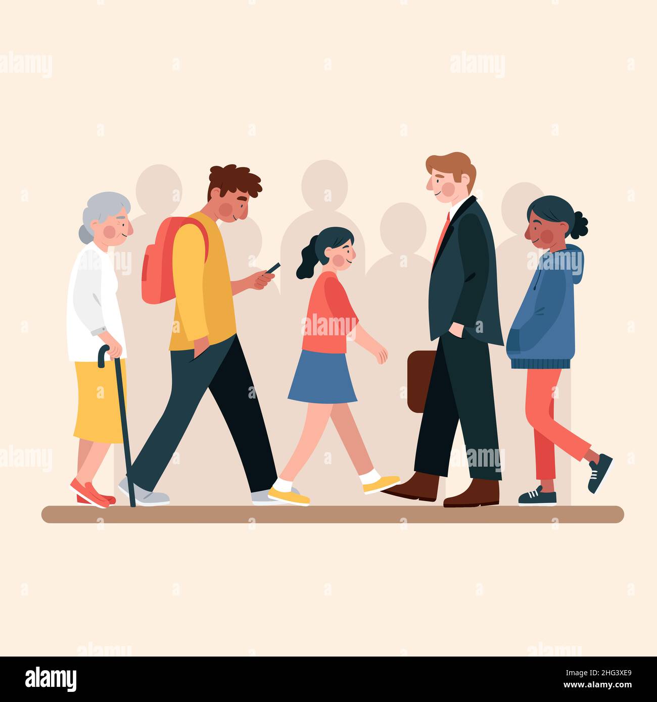 Hand drawn flat design crowd of people walking illustration Vector ...