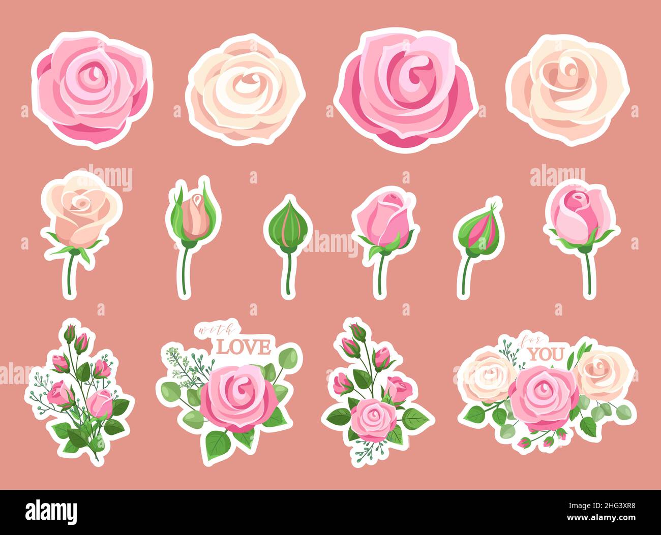Flower stickers. Rose bouquet, pink roses decorative compositions ...